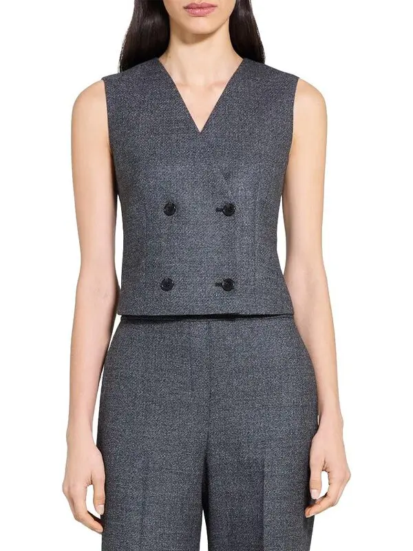 Theory Double-breasted Wool Cropped Vest - Pepper Multi
