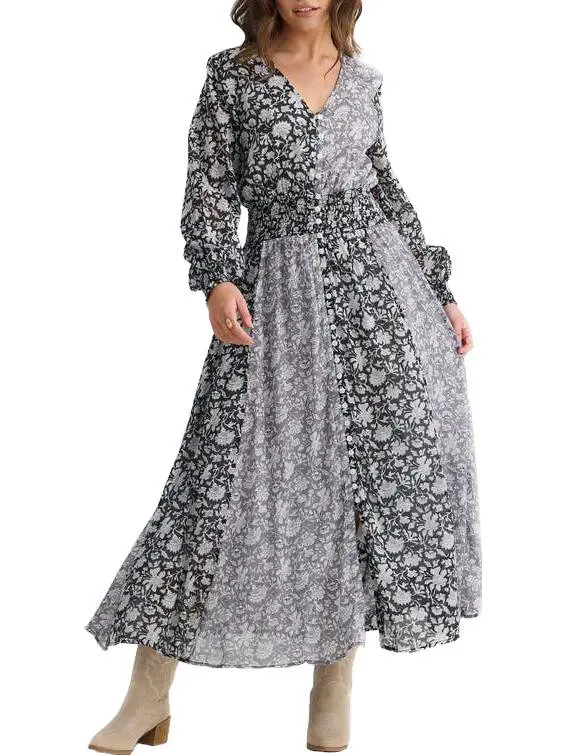 TALISMAN THE LABEL Halcycon Floral Long Sleeve Cotton Maxi Dress - Black W Grey Moon River