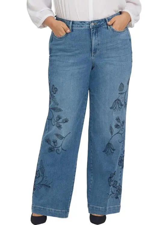 NYDJ Teresa Floral Embroidered Wide Leg Jeans - Water Canyon