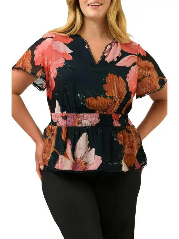 ESTELLE Floral Flutter Sleeve Top - Navy/peony