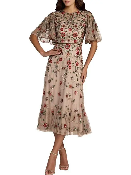Mac Duggal Floral Beaded Mesh Flutter Sleeve Midi Dress - Antique Rose