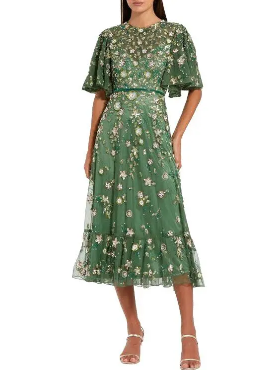 Mac Duggal Floral Beaded Mesh Flutter Sleeve Midi Dress - Sage