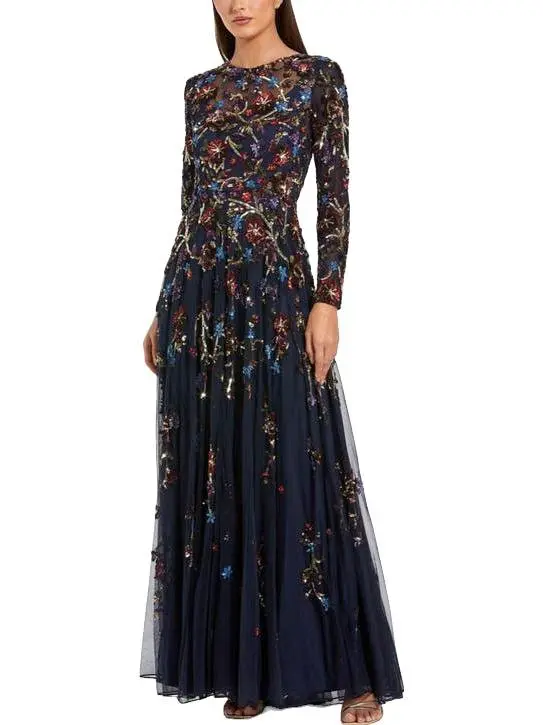 Mac Duggal Beaded Mesh Long Sleeve A-line Gown - Midnight Multi