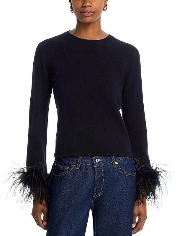 Aqua 100% Cashmere Feather Trim Crewneck Sweater - Black