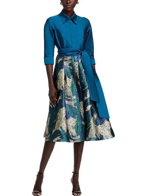 Rickie Freeman For Teri Jon Taffeta Jacquard Shirt Dress - Peacock Gold
