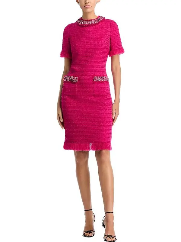 Rickie Freeman For Teri Jon Embellished Tweed Sheath Dress - Lipstick Pink