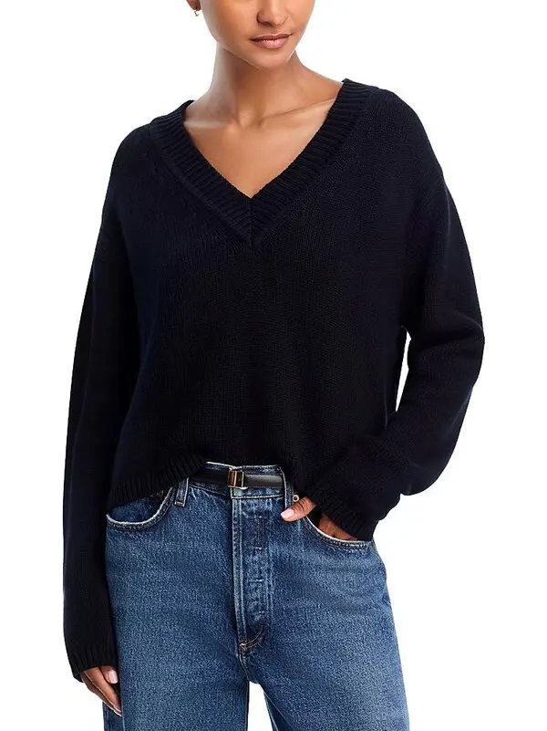 PERFECTWHITETEE Addie Oversized Long Sleeve V-neck Sweater - True Black