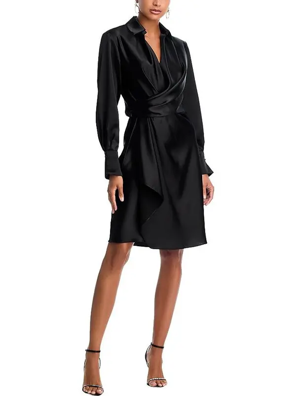 Aqua Satin Long Sleeve Mini Dress - Black