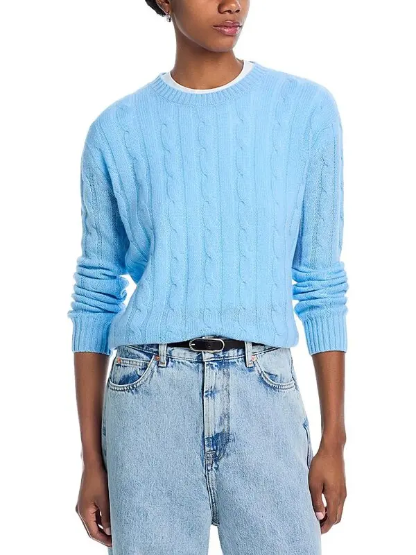 Aqua Cable Knit Crewneck Cashmere Sweater - Bright Sky