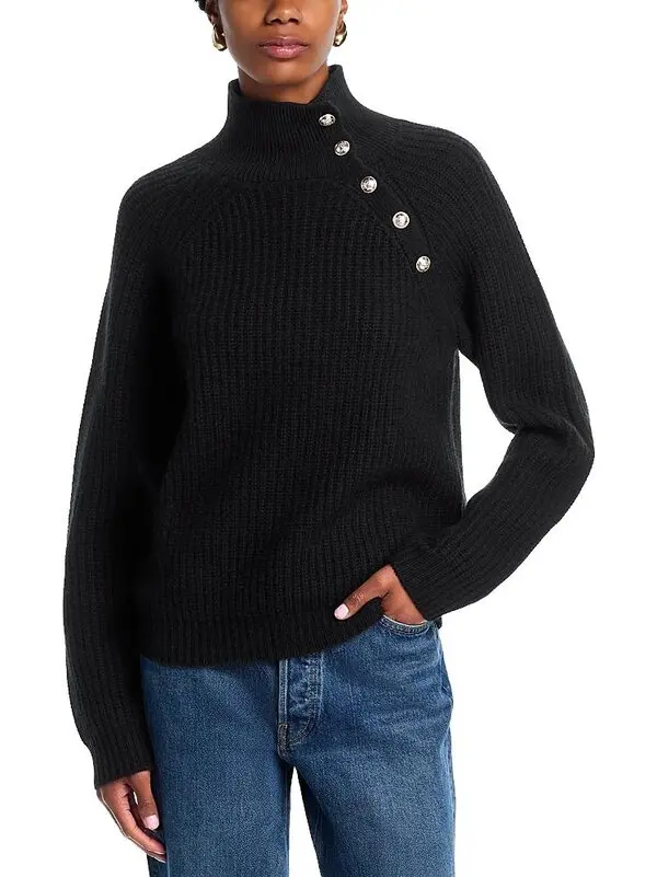 Aqua 100% Cashmere Button Raglan Sleeve Sweater - Black