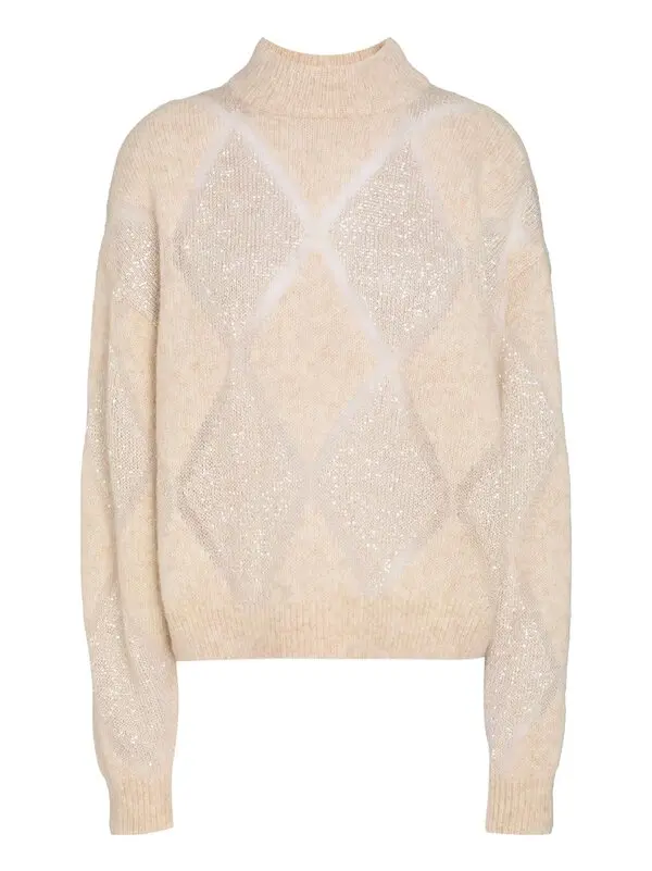 Brunello Cucinelli Sequin-embellished Argyle Turtleneck Sweater - Beige