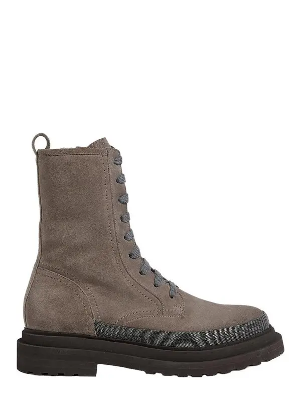 Brunello Cucinelli Bead-embellished Suede Combat Boots - Mushroom