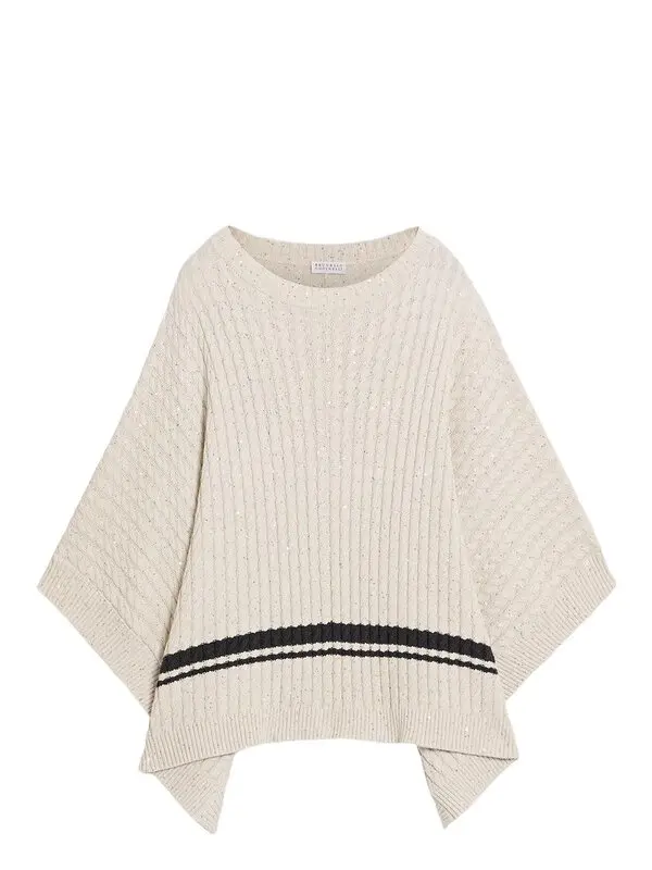 Brunello Cucinelli Sequin-embellished Striped Cable-knit Poncho - Ecru