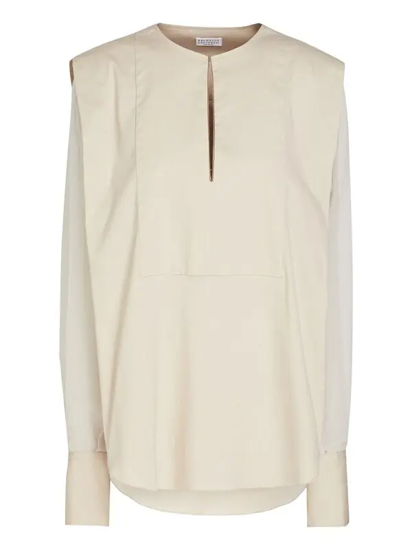 Brunello Cucinelli Bead-embellished Cotton-blend Blouse - Beige