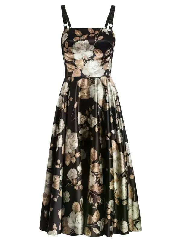 Dolce & Gabbana Rose-print Satin Midi Dress - Black