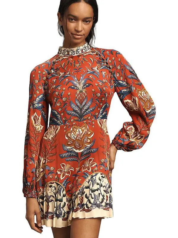 Farm Rio Winter Breeze Long-sleeve Mini Dress - Red Floral