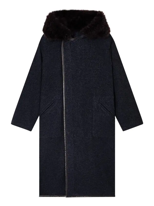 Giorgio Armani Cashmere And Wool Long Coat With Fur-trimmed Hood - Grey