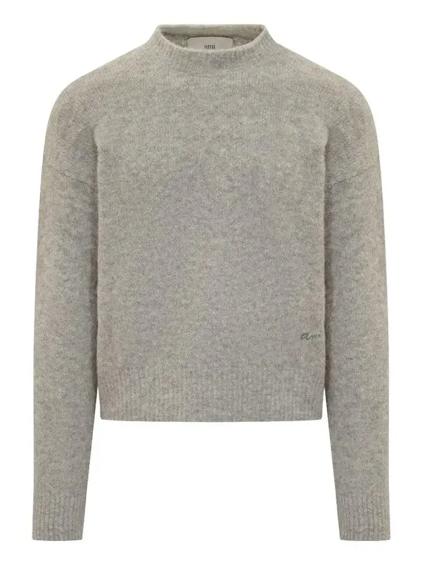 Ami Wool Sweater With Logo - Grey
