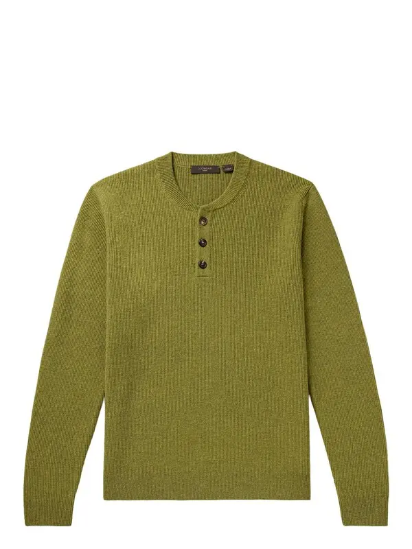 SLOWEAR Incotex Zanone Slim-fit Ribbed Virgin Wool Henley Sweater - Green