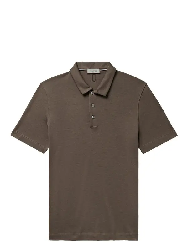 Canali Slim-fit Cotton And Lyocell-blend Piqué Polo Shirt - Brown