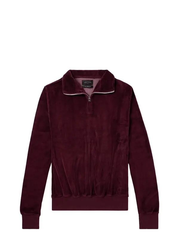 LES TIEN Cotton-blend Velour Half-zip Sweatshirt - Burgundy