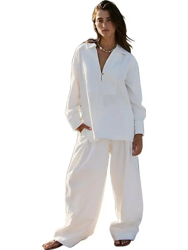 Free People Collared Pullover And Wide-leg Pants Set - Ivory