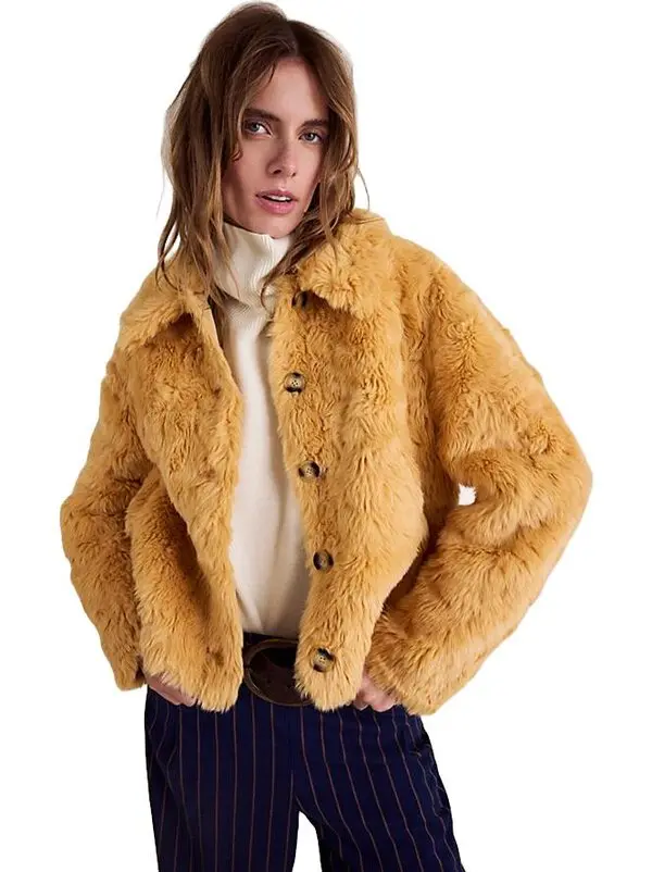 Free People Alice Throw On Faux Fur Jacket - Apricot Sherbet