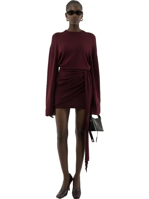 Arakii Draped Longsleeve Dress With Sculptural Skirt - Burgundy
