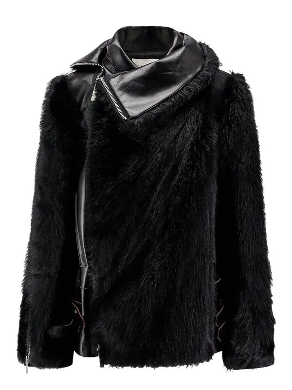 Sacai Leather Jacket With Faux Fur Inserts - Black