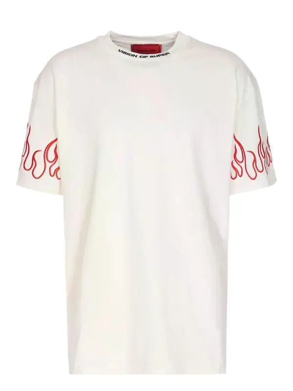VISION OF SUPER Flame-embroidered Crew-neck T-shirt - White