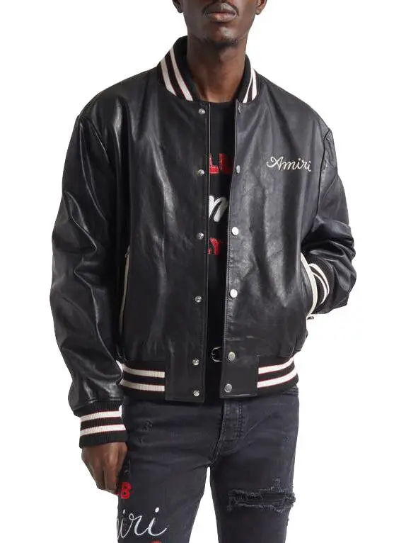 Amiri Club Embroidered Leather Varsity Jacket - Black