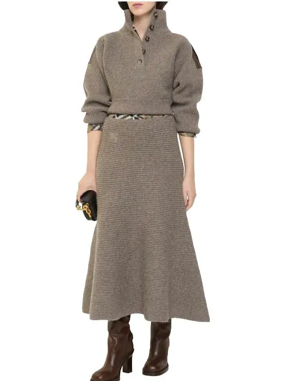 Burberry Wool Blend Flared Skirt - Beige Melange