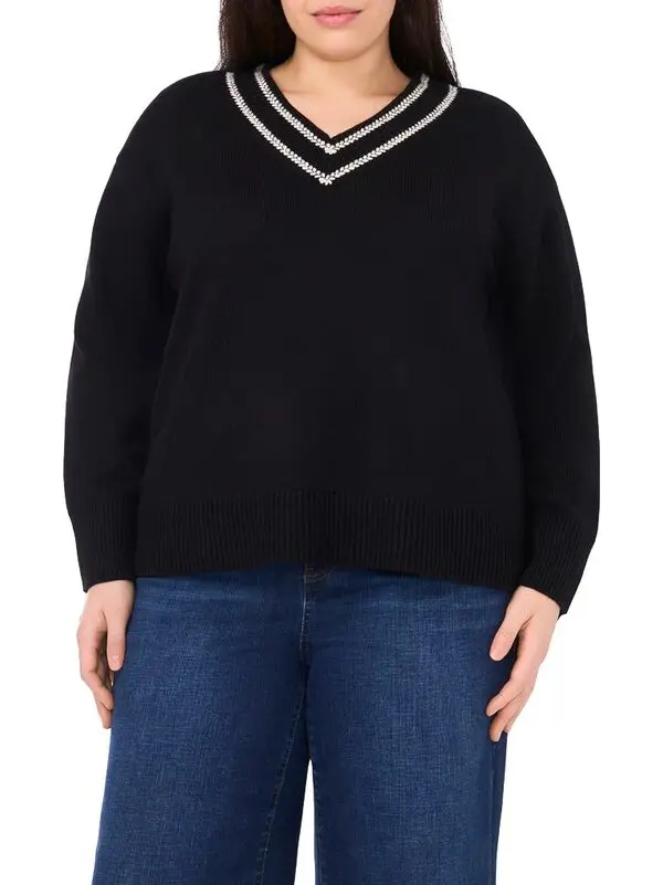 Halogen Embroidered Trim Sweater - Rich Black