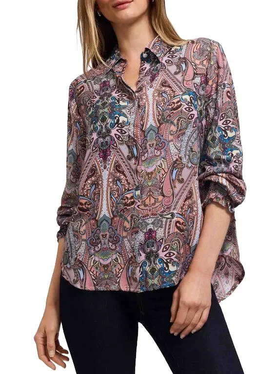 Foxcroft Paisley Print Button-up Shirt With Smocked Cuffs - Brown Multi