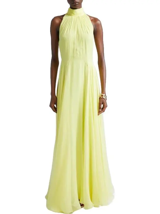 Givenchy Bow Back Pleated Silk Chiffon Gown - Acid Yellow
