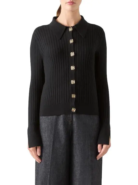 LK BENNETT Ribbed Merino Wool & Cotton Cardigan - Black