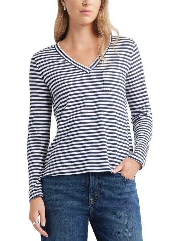 Caslon Long Sleeve V-neck T-shirt - Navy Still-white Brooke Stripe