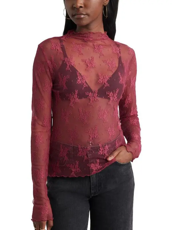 Treasure & Bond Sheer Lace Long Sleeve Top - Burgundy Rhode