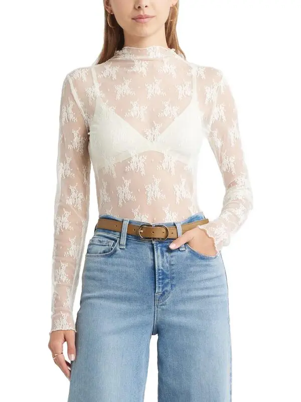 Treasure & Bond Sheer Lace Long Sleeve Top - Ivory Egret