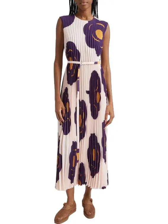 Marimekko Juhlia Tumma Pleated Belted Maxi Dress - Light Pink Dark Violet Brown