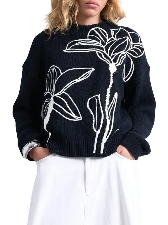 Topshop Floral Embroidered Cotton Sweater - Black Multi