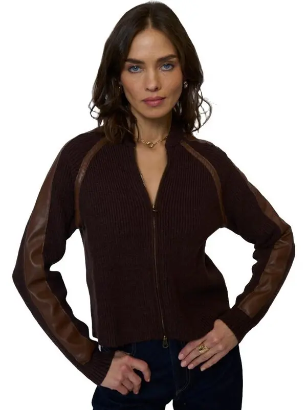Central Park West Atlas Raglan Leather Trim Zip Up - Chocolate