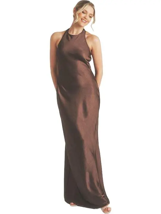 SIX STORIES Racer Neck Satin Dress - Chocolate