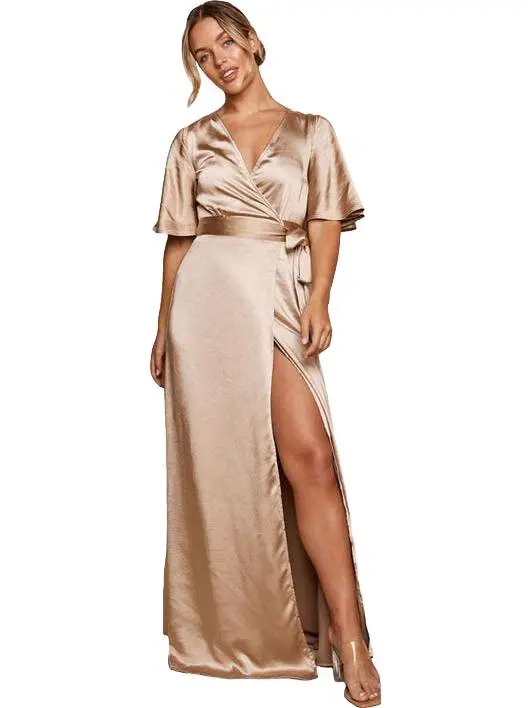 SIX STORIES Wrap Tie Satin Gown - Champagne