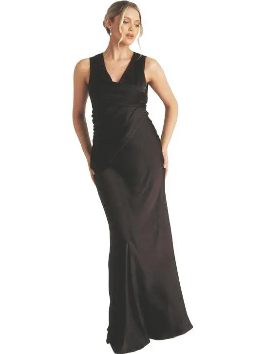 SIX STORIES Satin Plunge Draped Bridesmaid Dress - Black