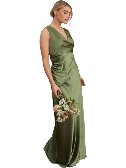 SIX STORIES Satin Plunge Draped Bridesmaid Dress - Moss Green