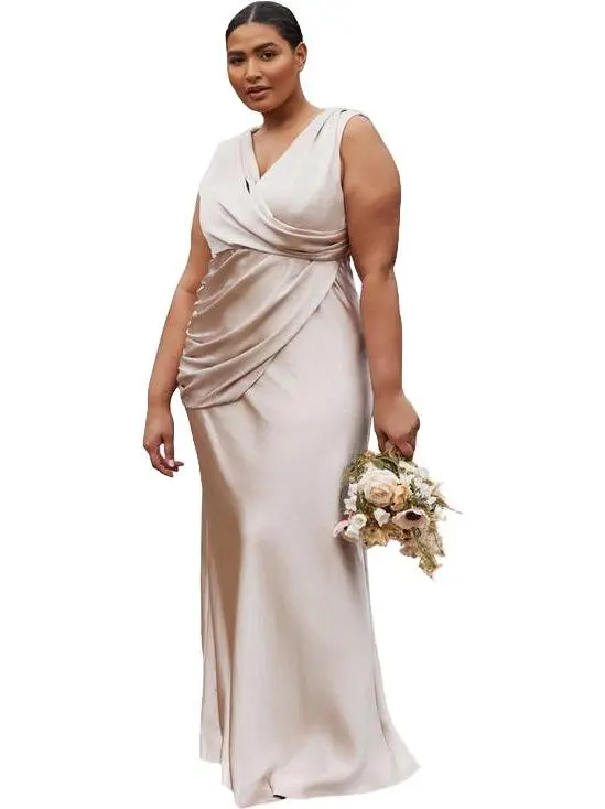 SIX STORIES Satin Plunge Draped Bridesmaid Dress - Oyster