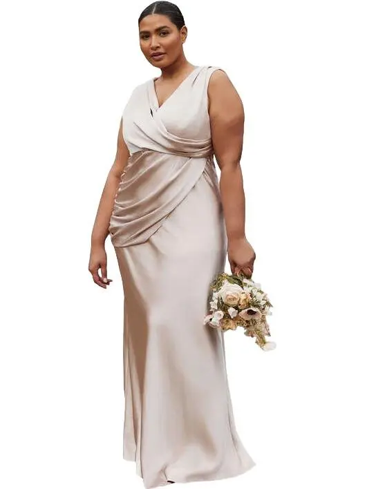 SIX STORIES Satin Plunge Draped Bridesmaid Dress - Oyster