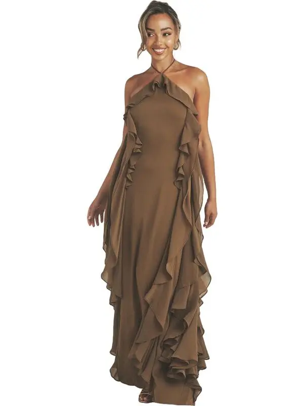 SIX STORIES Ruffle Halter Neck Maxi Dress - Olive