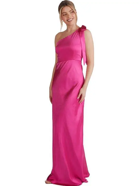 SIX STORIES One Shoulder Satin Bridesmaid Dress - Fuchsia